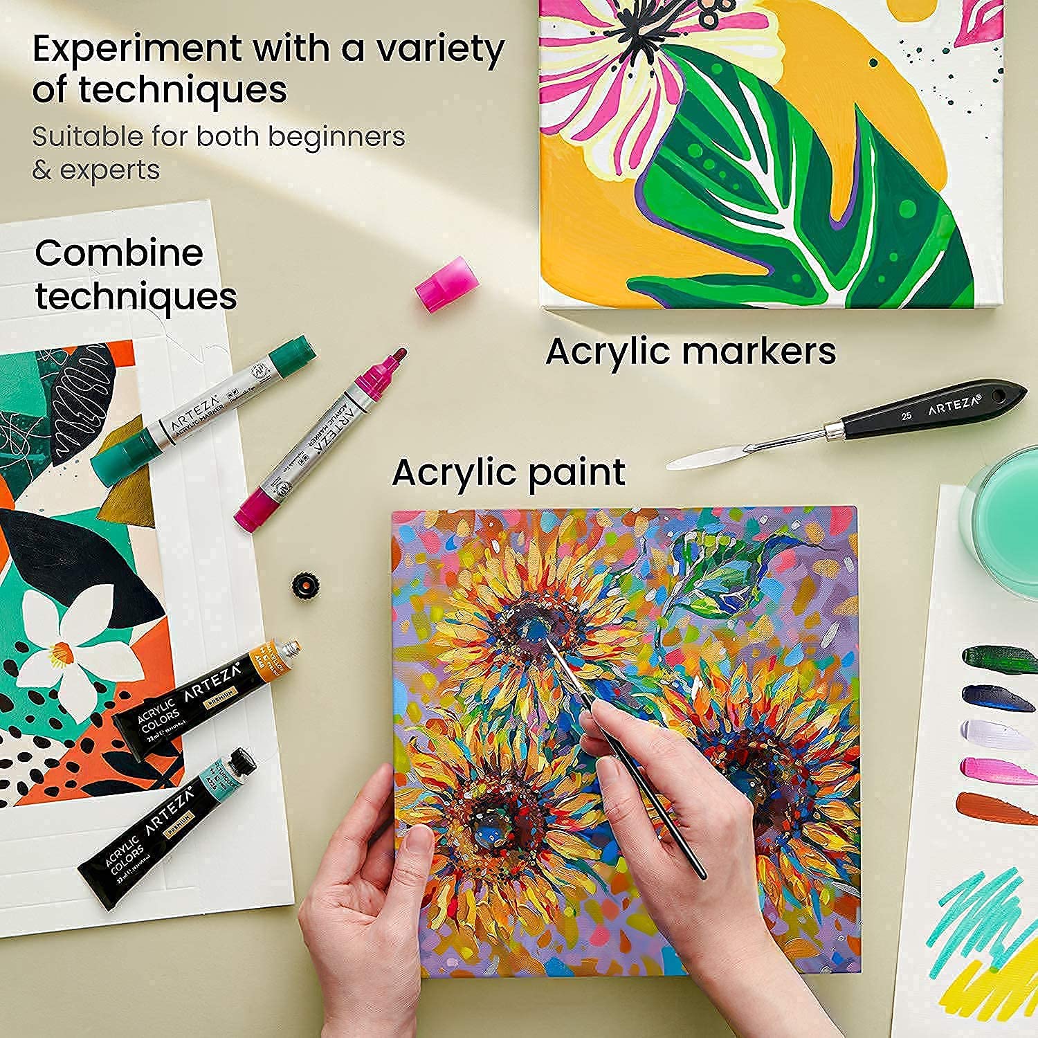 Arteza Acrylic Paper Canvas Pad 9.5x9.5 20 Sheets and Acrylic Paper Canvas Pad 8x11 20 Sheets Bundle, Painting Art Supplies for Artist, Hobby Painters & Beginners