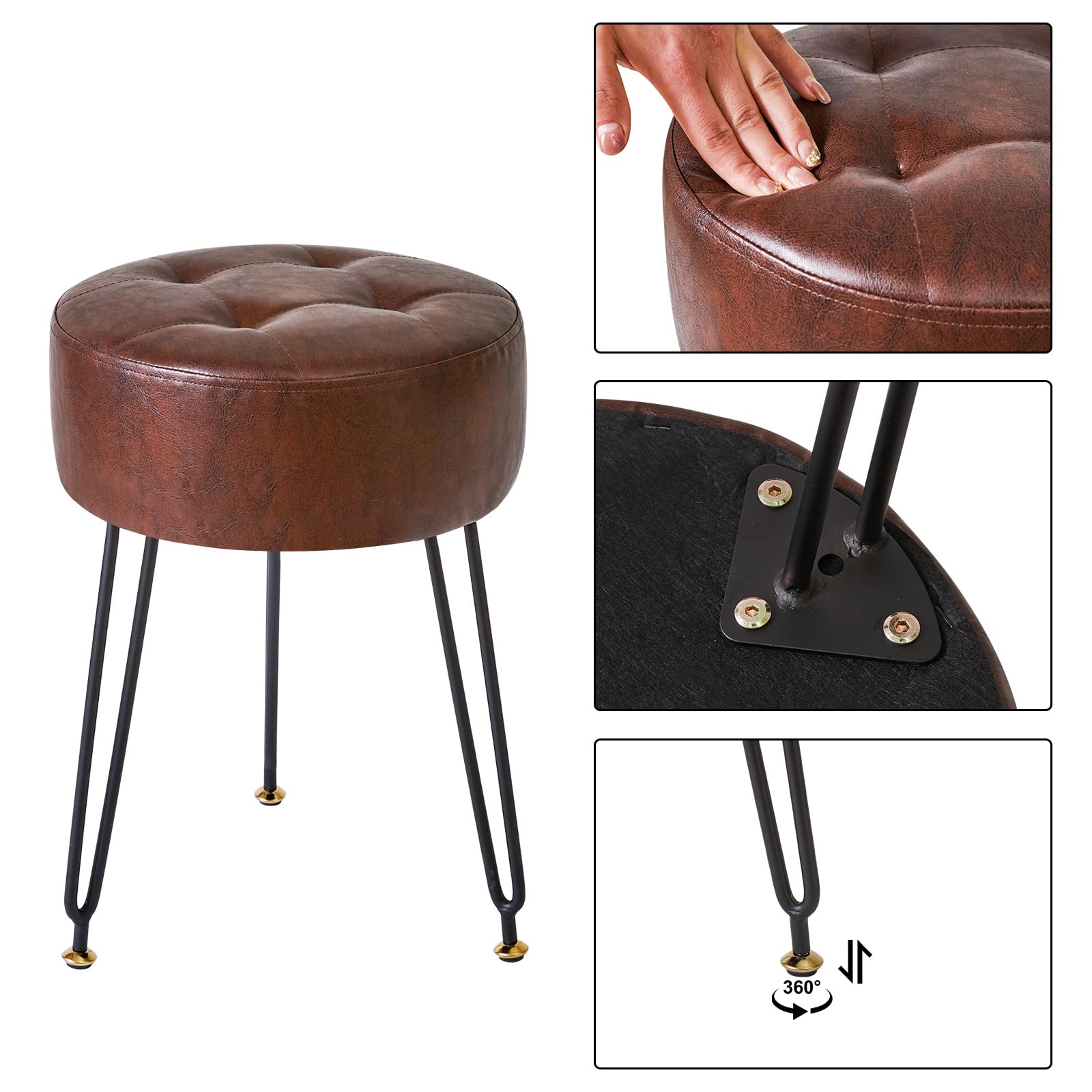 IBUYKE Faux Leather Round Footrest Stool, Makeup Vanity Stool Side Table, PU Dressing Table Seat, Pouf Couch Stool, Golden Steel Legs, Black LG-31B