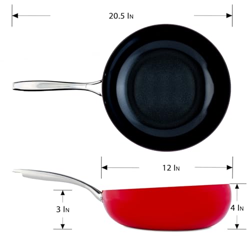 DiamoTech Diamond Ceramic Coated Nonstick Wok, Healthy Cooking, Utensil Safe, 100% PTFE/PFOA/PFOS Free, Ultra-Durable Coating, Ergonomic Handle (Red, 12" Wok)