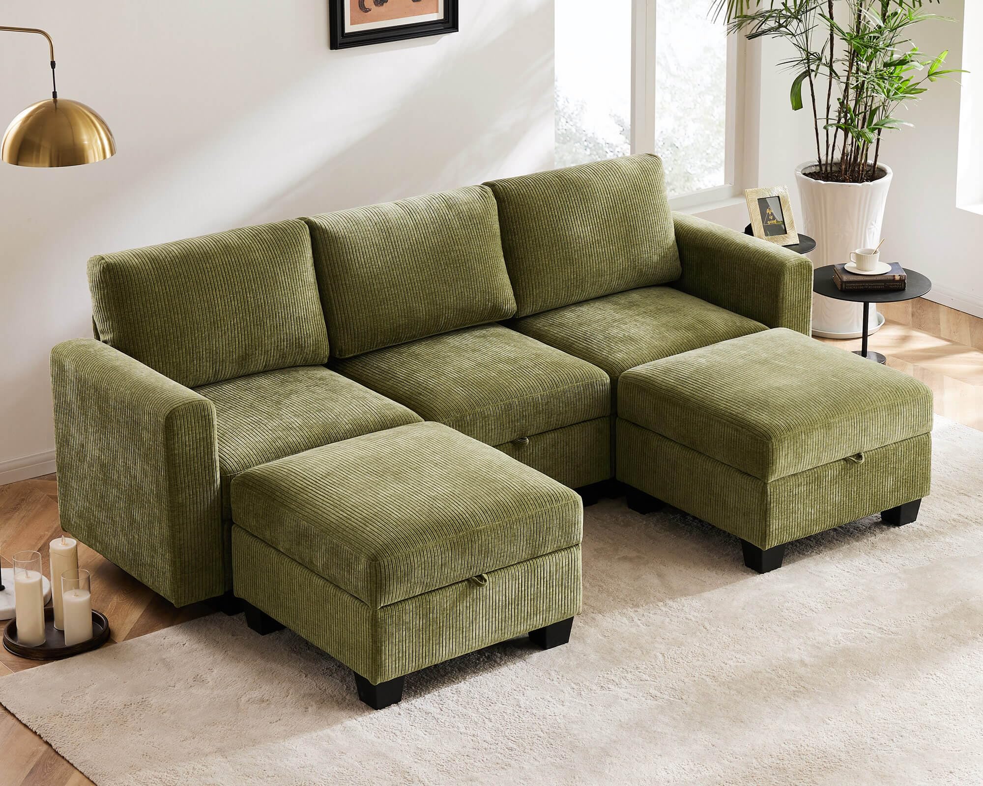 ABCASA Luxury Modular Sectional Sofa w/Storage Seat, 92" U Shaped Modular Couch with Reversible Chaise,5 Seater Sofa for Living Room, Apartment, Compact Spaces - Corduroy Green