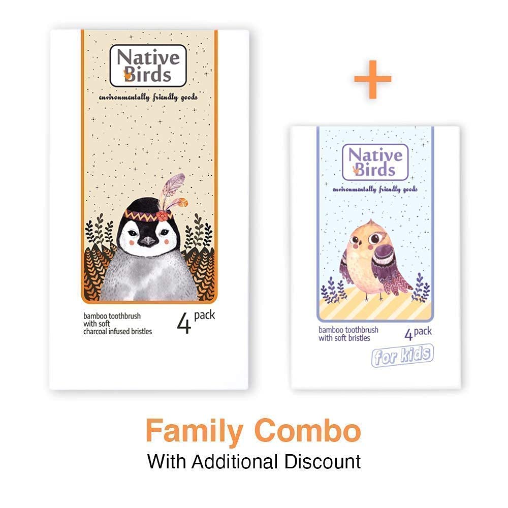 Native Birds Bamboo Toothbrush Combo: 4 Adult + 4 Kids Toothbrushes with Soft Bristles, Set of 8 Eco Friendly Toothbrushes, BPA Free