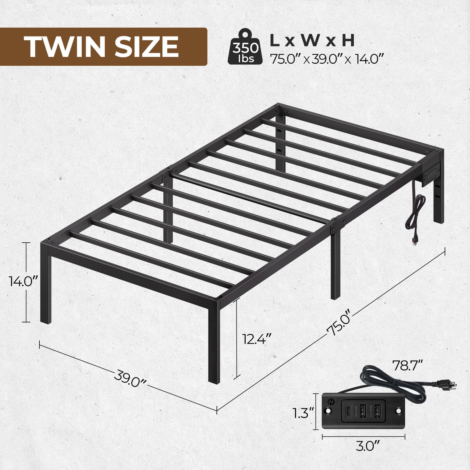 Rolanstar Bed Frame Twin Size with USB Charging Station, 14 Inch Metal Platform Bed Frame, Mattress Foundation with Heavy Duty Steel Slat Support, No Box Spring Needed, Easy Assembly, Black
