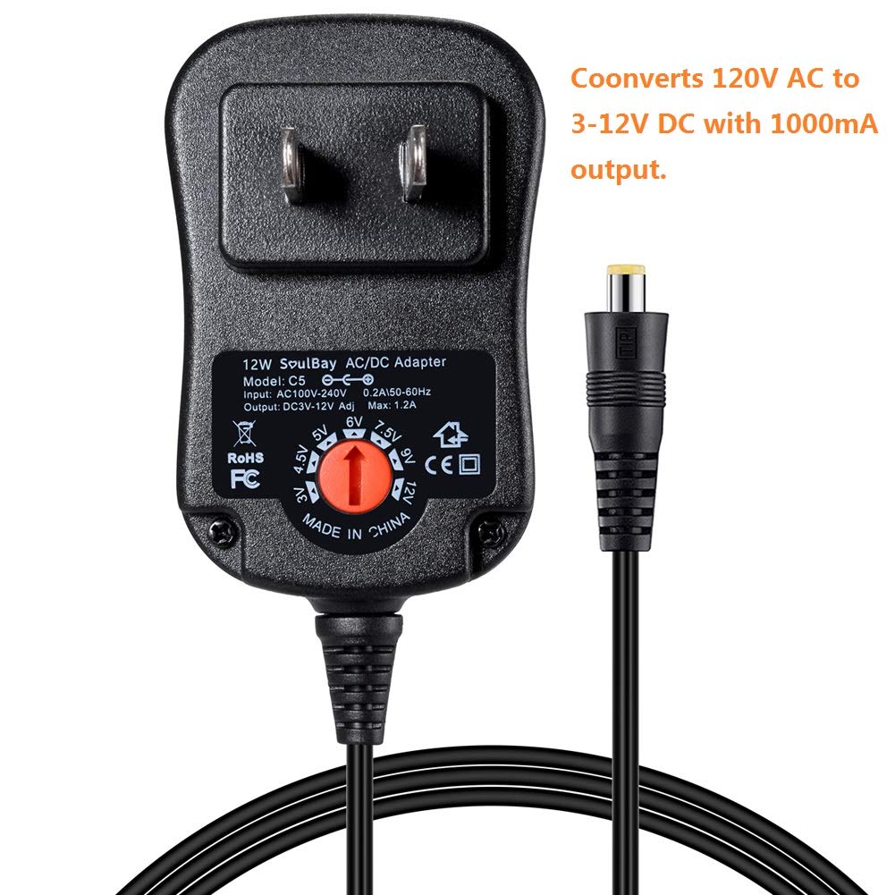 SoulBay 12W Universal AC Adapter 3V 4.5V 5V 6V 7.5V 9V 12V Switching DC Power Supply Charger Cord with 8 Tips for 3-12V Household Electronics - 1A Max