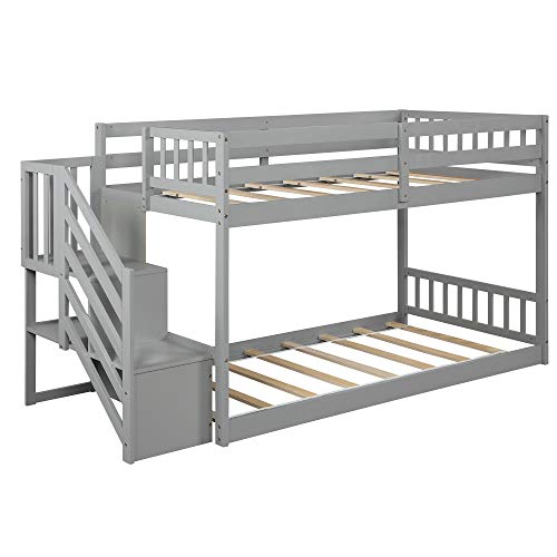 P PURLOVE Twin Over Twin Junior's Low Bunk Bed with Storage Stairs,Wood Floor Bunk Bed with Storage for Kids Teens,Floor Twin Size Bunk Bed with Slat, No Box Spring Need