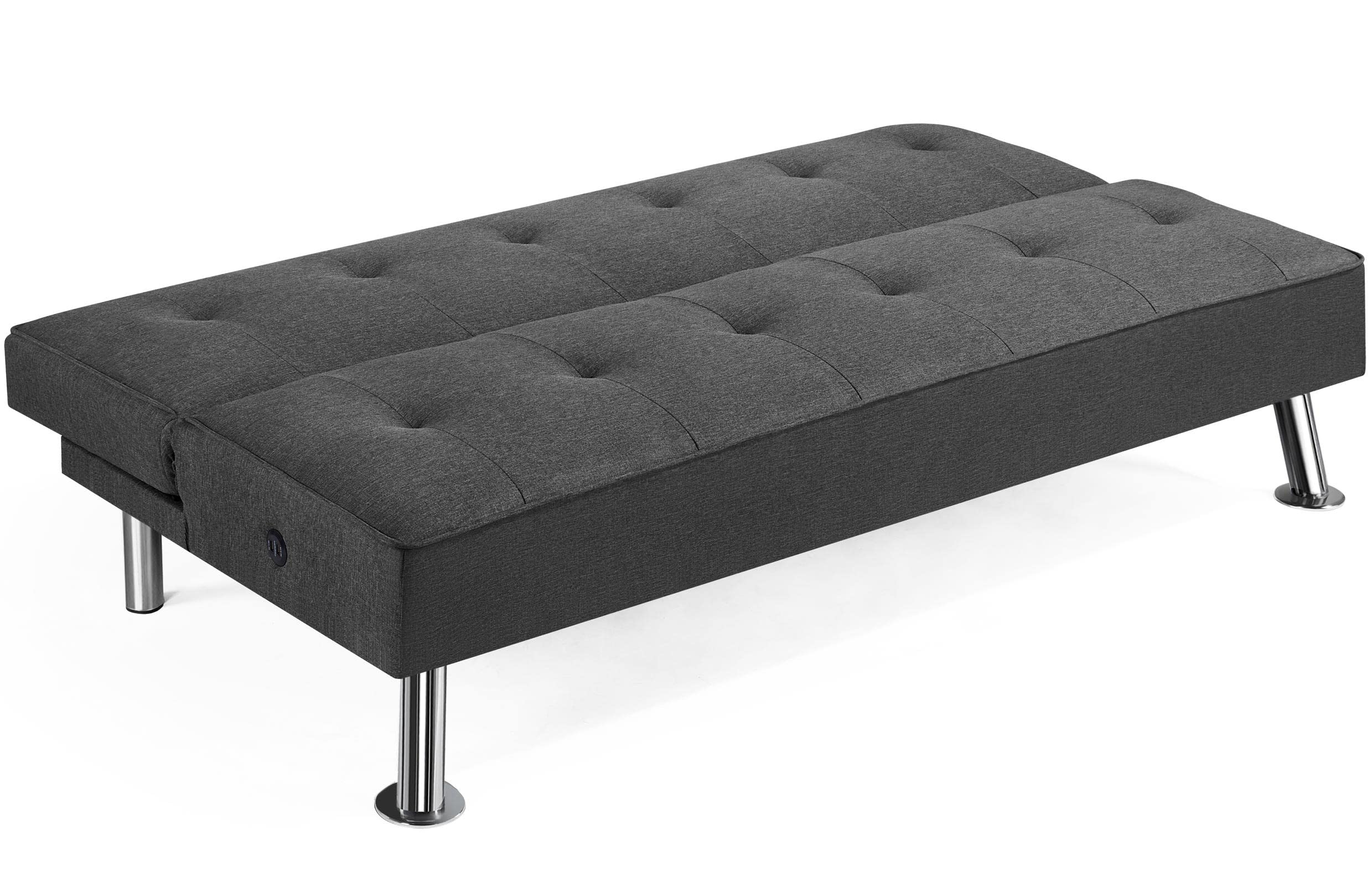 Topeakmart Fabric Futon Sofa, Convertible Futon Bed, Folding Couch, Sectional Sleeper Sofa for Small Space with USB Ports, Folding Sofa for Compact Living Space, Apartment, Office, Living Room Gray