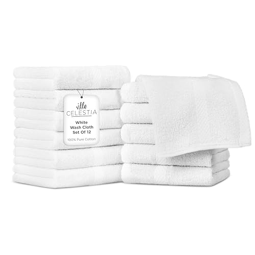 Villa Celestia 100% Cotton Wash Cloth for face & Body Set of 12, (12 x 12 inches) Sustainable, Soft, Highly Absorbent, Combed Cotton Wash Cloths Pack of 12 for Hotels, Spa, Bathroom, Dorm, White