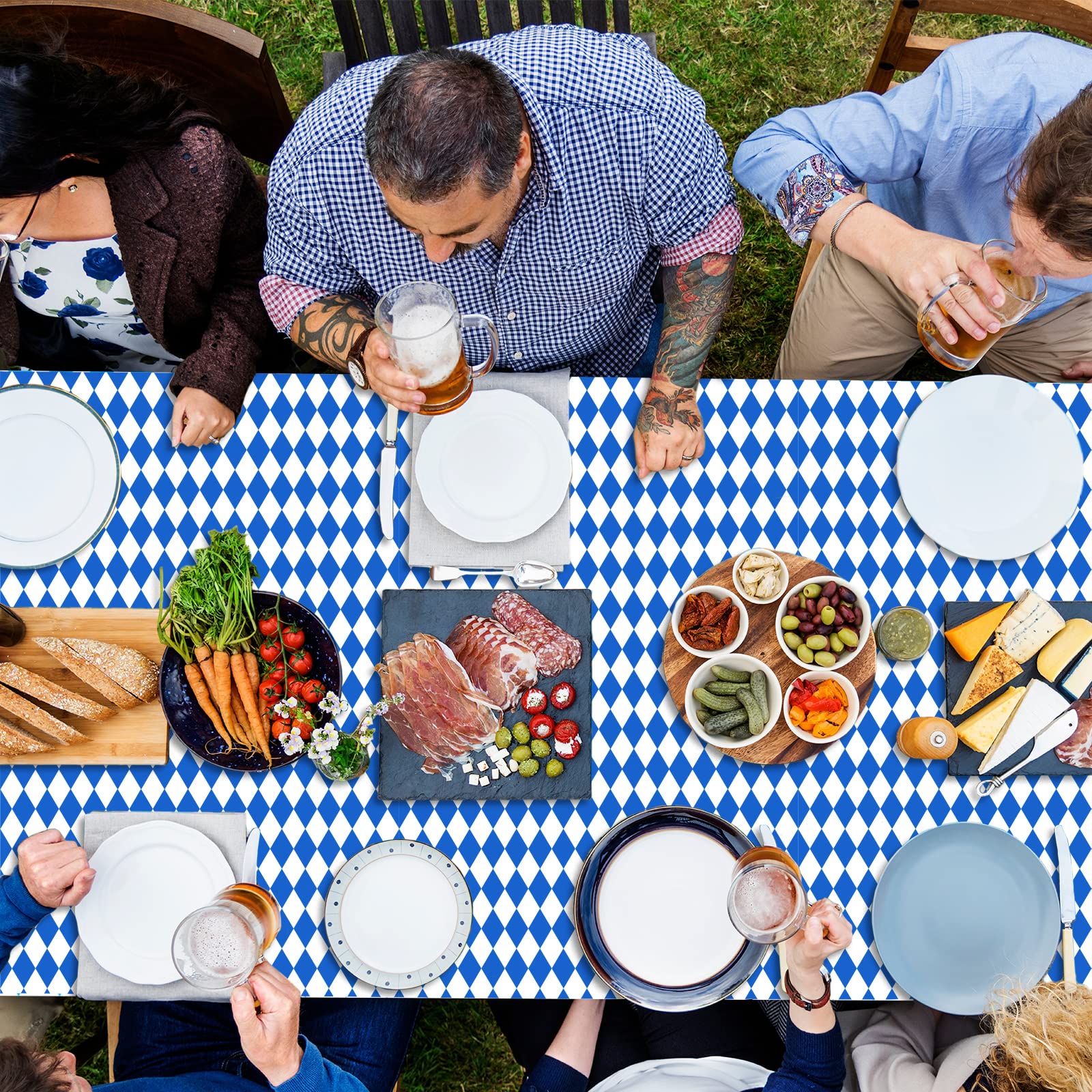 52 in x 100 Ft Oktoberfest Table Roll Party Accessory with Slide Cutter Plastic Table Cloth Roll Oktoberfest Bavarian Blue Diamonds Tablecover for German Themed Party Decorations