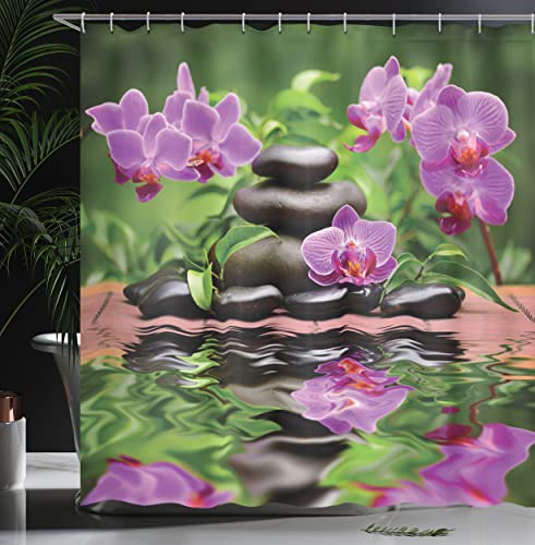 Ambesonne Spa Shower Curtain, Basalt Stones and Orchid Reflecting on Water Greenery Wellbeing Tropical, Cloth Fabric Bathroom Decor Set with Hooks, 69" W x 70" L, Green Fern