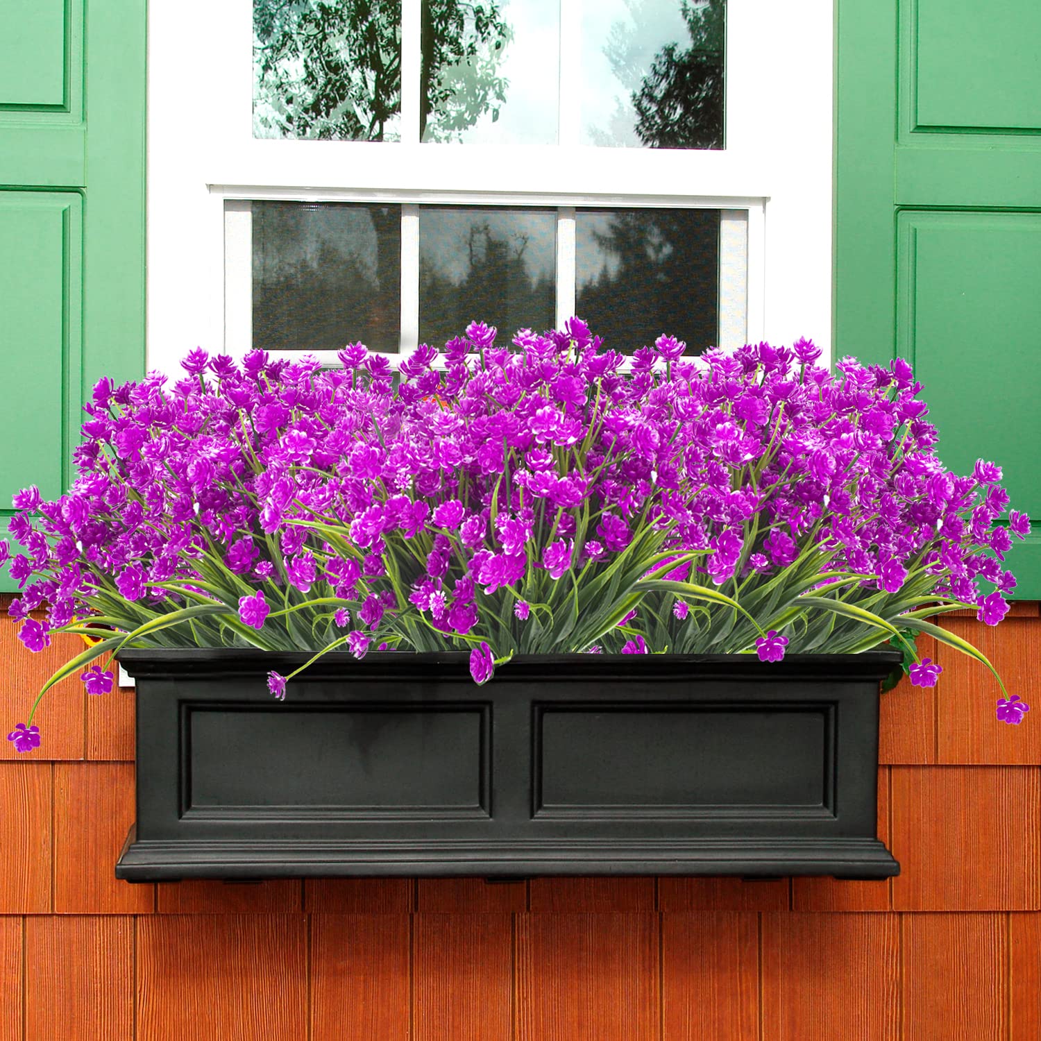 Artificial Fake Flowers, 4 Bundles Outdoor UV Resistant Greenery Shrubs Plants Indoor Outside Hanging Planter Home Garden Décor(Purple)