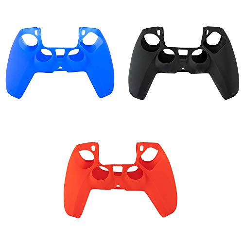 3 Pack Silicone Controller Skin Cover, Anti-Slip Protector Case for Sony PS5 Playstation 5 Controller with 8 Thumb Grips (Black Blue Red)