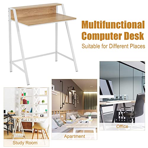 Tangkula Small Computer Desk, Compact Home Office Desk with Sturdy Frame, 2 Tier Study Writing Table for Small Place Apartment Office, Desk for Bedroom, Kid’s Desk