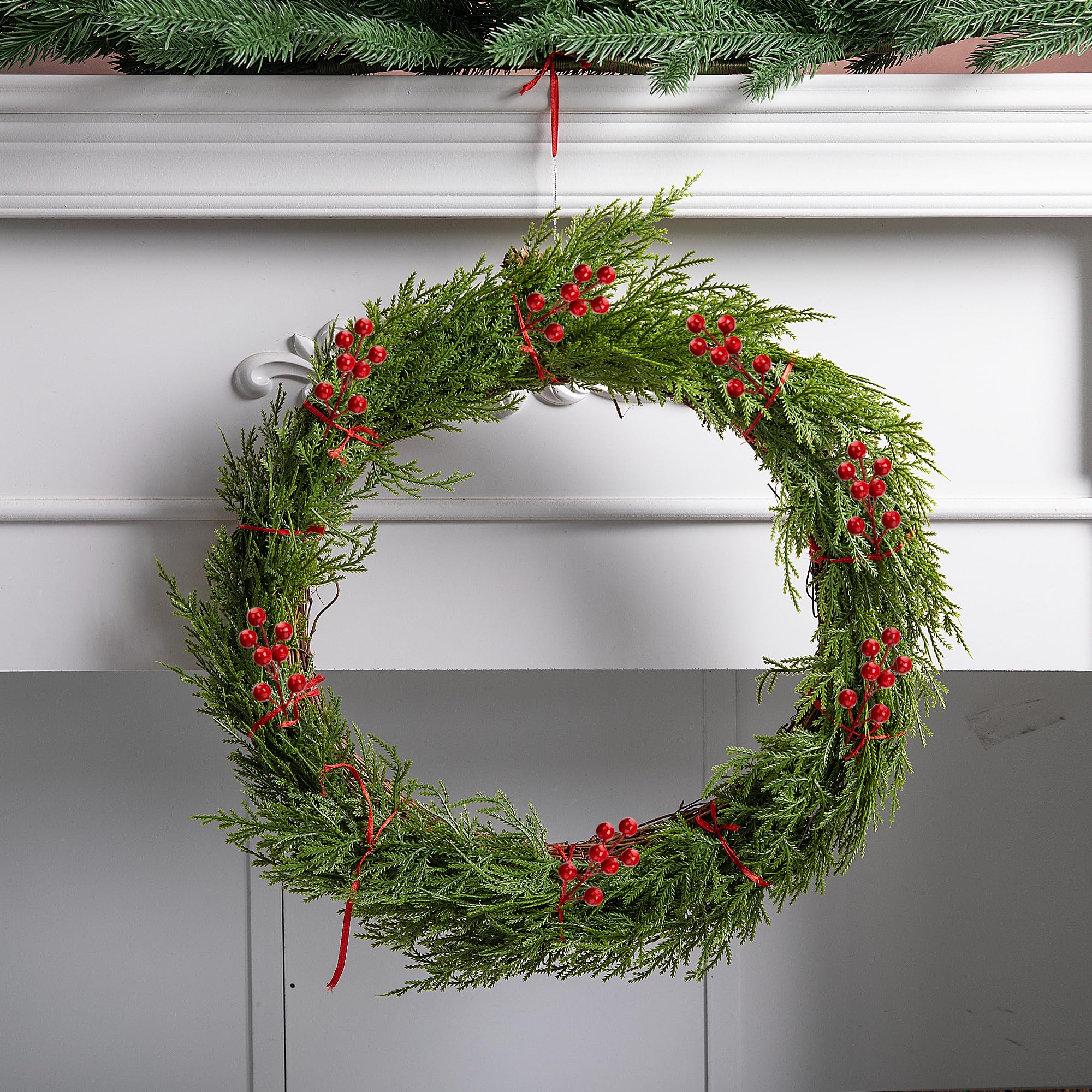 30 Pcs/Set Christmas 3D Artificial Pine Branches- 12.5 Inch Faux Evergreen Cedar Sprigs Branches- Fake Foliage Pine Needles Picks with Artificial Red Berry Stems for DIY Christmas Decoration