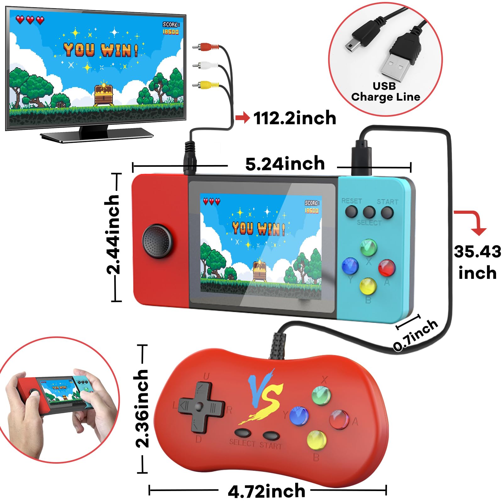 3D Rocker Convenient to Hold Handheld Game Console, Retro Mini Game Player with 500 Classical FC Games 3-Inch Screen Support for TV & Two Players Present for Kids and Adult
