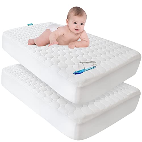 Crib Mattress Protector 2 Pack Pad Waterproof, Quilted Crib Mattress Cover Sheets Fitted, Absorbent & Noiseless Toddler Mattress Protector Fit Baby Toddler Bed Mattress Pad (Standard Size 52β x 28β)