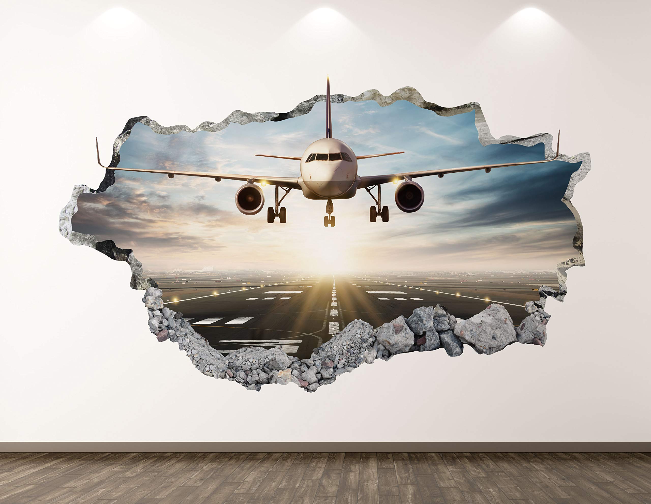 Landing Airplane Wall Decal Art Decor 3D Smashed Airport Plane Sticker Poster Kids Room Mural Custom Gift BL195 (30"W x 18"H)