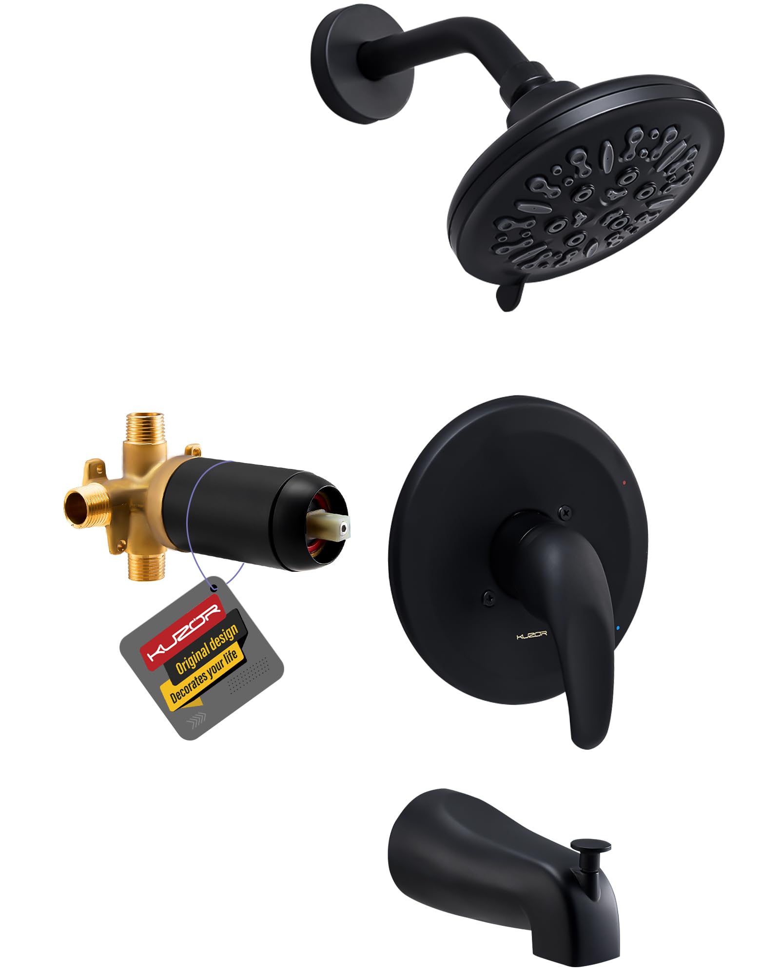 KUZOR 1PC Bathtub Shower Faucets Set, Brass With 304 Stainless Steels 5.5 inches 7 Setting Spray Shower Head, Efficient, Dense Water Flow, Anti-Scald - Bathroom/Shower Room - Matte Black