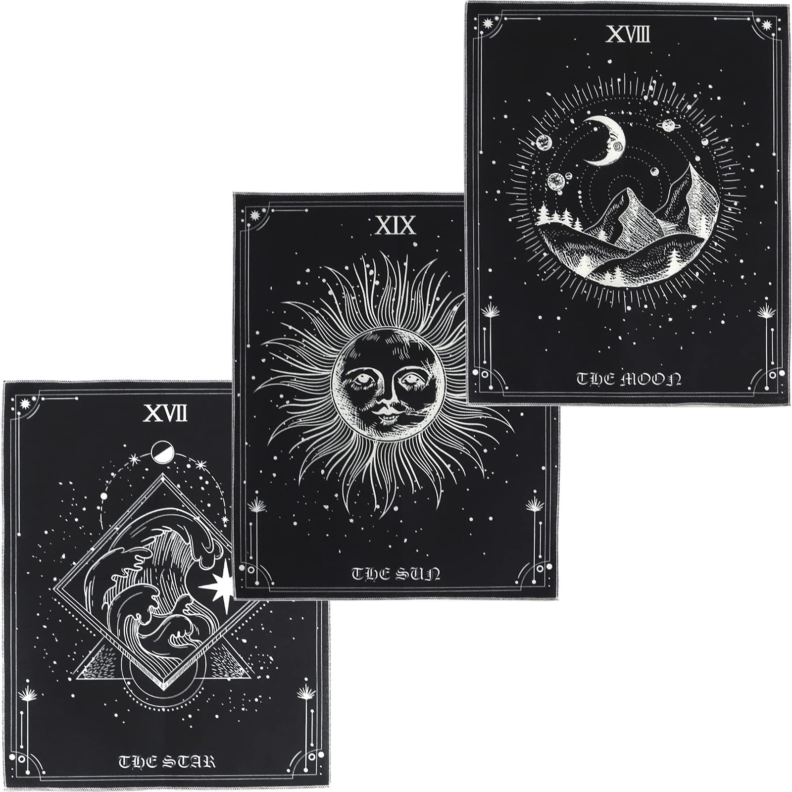 3 Pack Tarot Tapestry, Sun Moon & Star Tarot Card Tapestry, Vintage Sun Tapestry Vertical Aesthetic Wall Hanging With Seamless Nails (Black 15.4" x19.3") (Black)