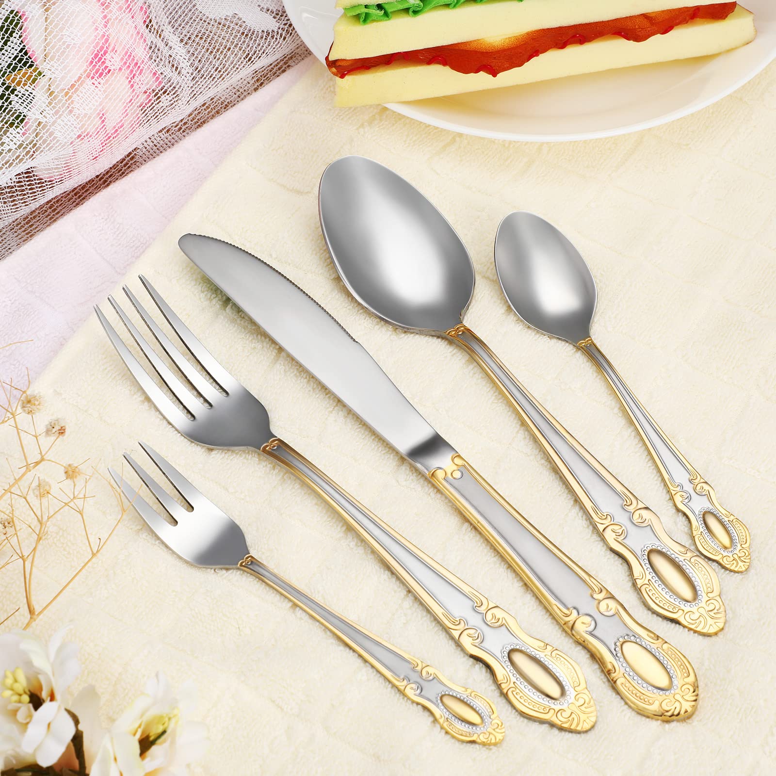 40 Pcs Gorgeous Gold Silverware Set 18/10 Stainless Steel Heavy Utensil Set Dishwasher Safe, Service for 8, Fine Silverware Flatware for Family Wedding Restaurant Hotel (Silver)