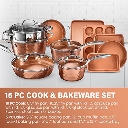 Gotham Steel Hammered Pots and Pans Set Nonstick, 15 Pc Kitchen Cookware Set & Bakeware Set, Induction Pots and Pans for Cooking, Ceramic Coated, Long Lasting Nonstick, Dishwasher Safe 100% Toxin Free