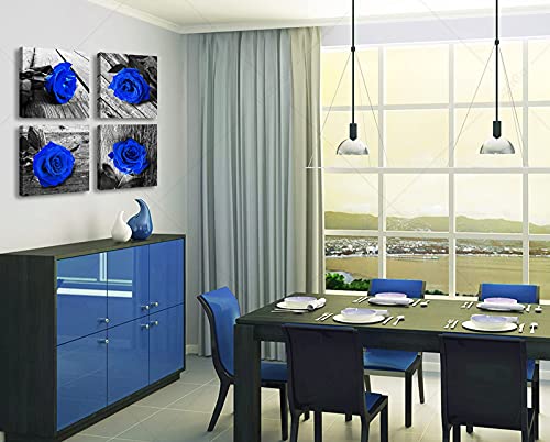 Canvas Wall Art Room Decorations Large Modern Black White Blue Rose Floral Pictures on Grey Valentine'S Day Framed Flower Paintings Decor Multi Panel Turquoise Artwork Living Women Bedroom