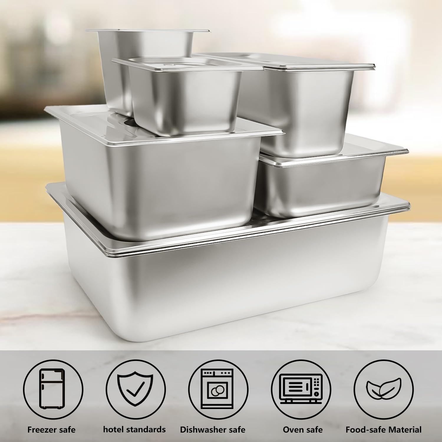 6 Set Stainless Steel Hotel Pans 1/6 Size 4 Inch Deep With Lids, Anti-Jam Chafing Steam Table Pans, Catering Food Storage Metal Pan