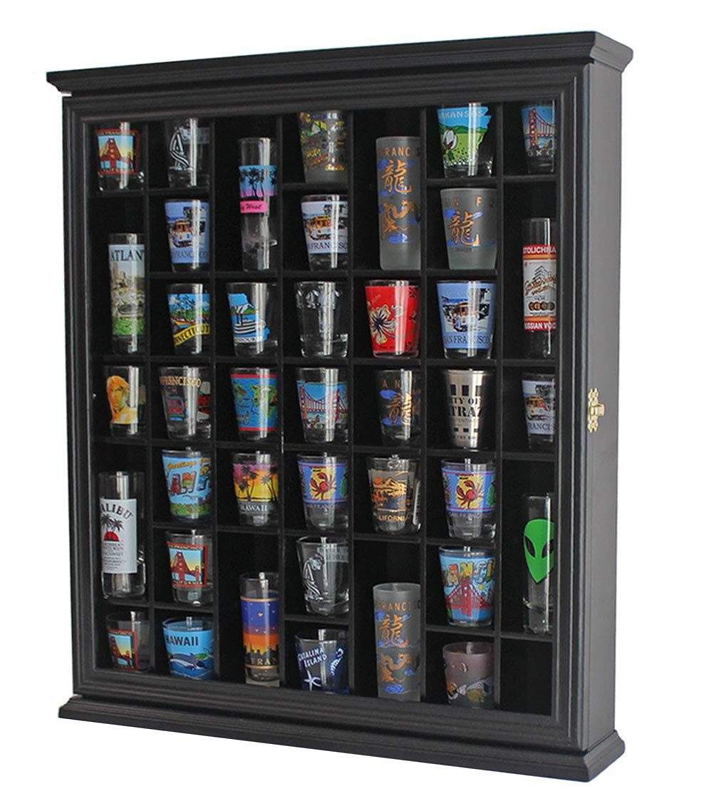 41 Shot Glass Display Case Holder Bar Collection Cabinet Wall Rack Shadow Box with Glass Door Black