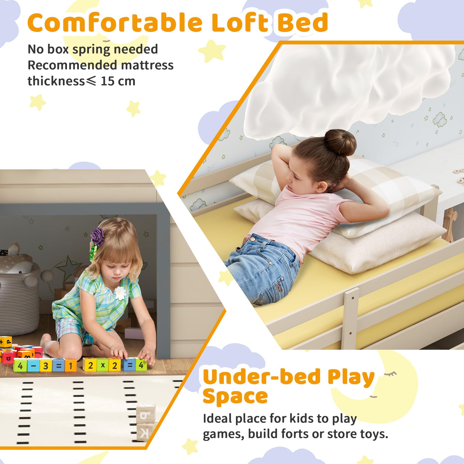 Costzon Twin Low Loft Bed, Multifunctional Loft Bed with Slide, Ladder, 3 Drawers & Under-Bed Play Space, No Box Spring Needed, Wooden Loft Platform Bed Frame with Guardrails for Teens (Beige)