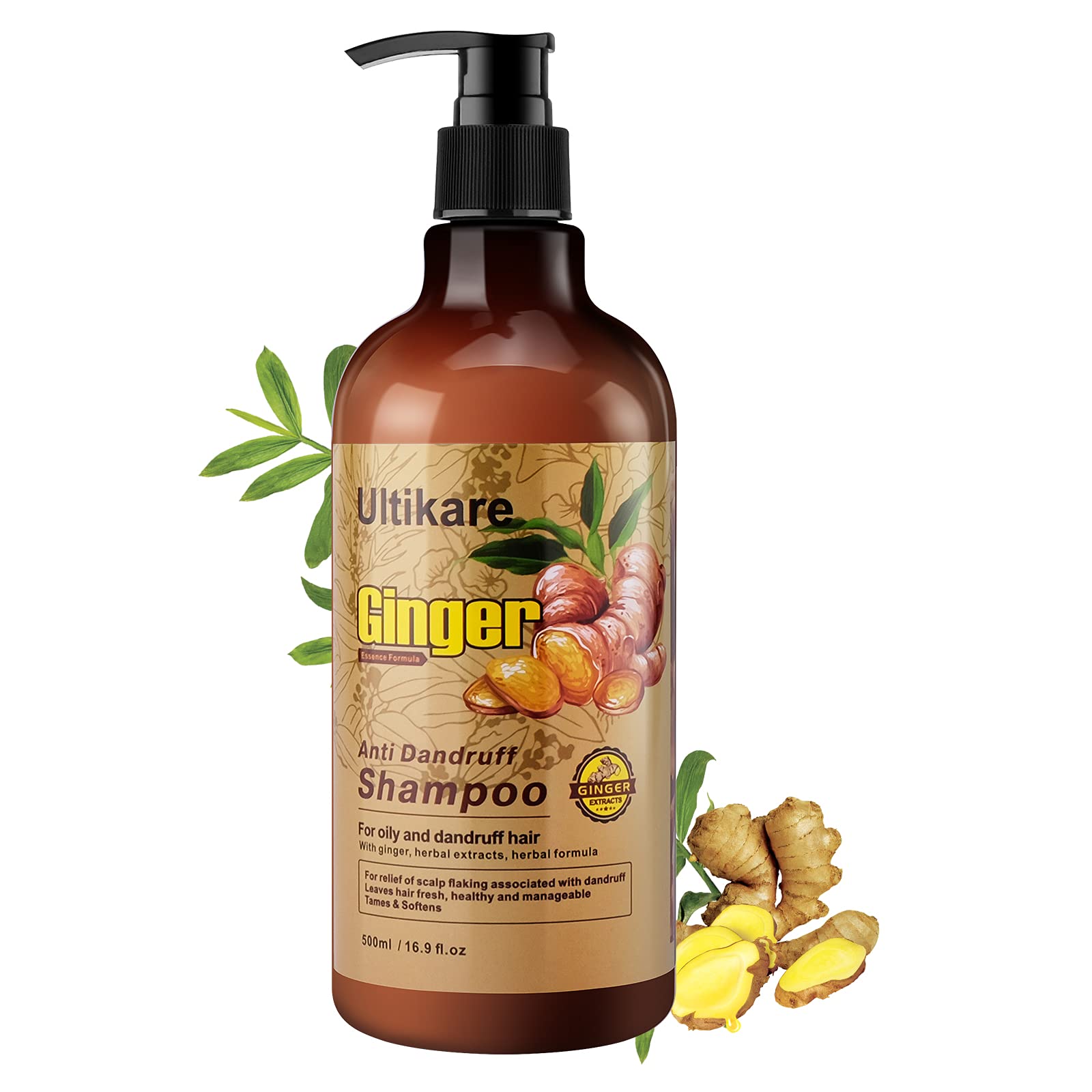 Ultikare Ginger Shampoo for Dandruff Hair, Anti-Dandruff Treatment - Itchy Dry Scalp Care Shampoo Ginger Extract Oil Strengthen Hair Formula, for Men and Women