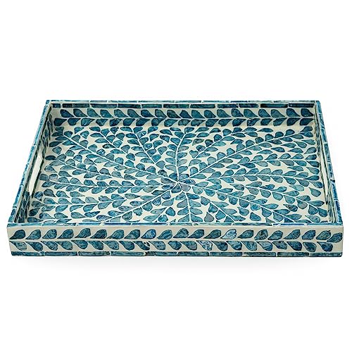 CLAYNIX Serving Tray 15.7" X11.8", Lacquer Mother of Pearl Inlay Mosaic Tray, Rectangle Wooden Marble Tray with Handles Trays for Tea, Breakfast in Bed, Table (Blue)