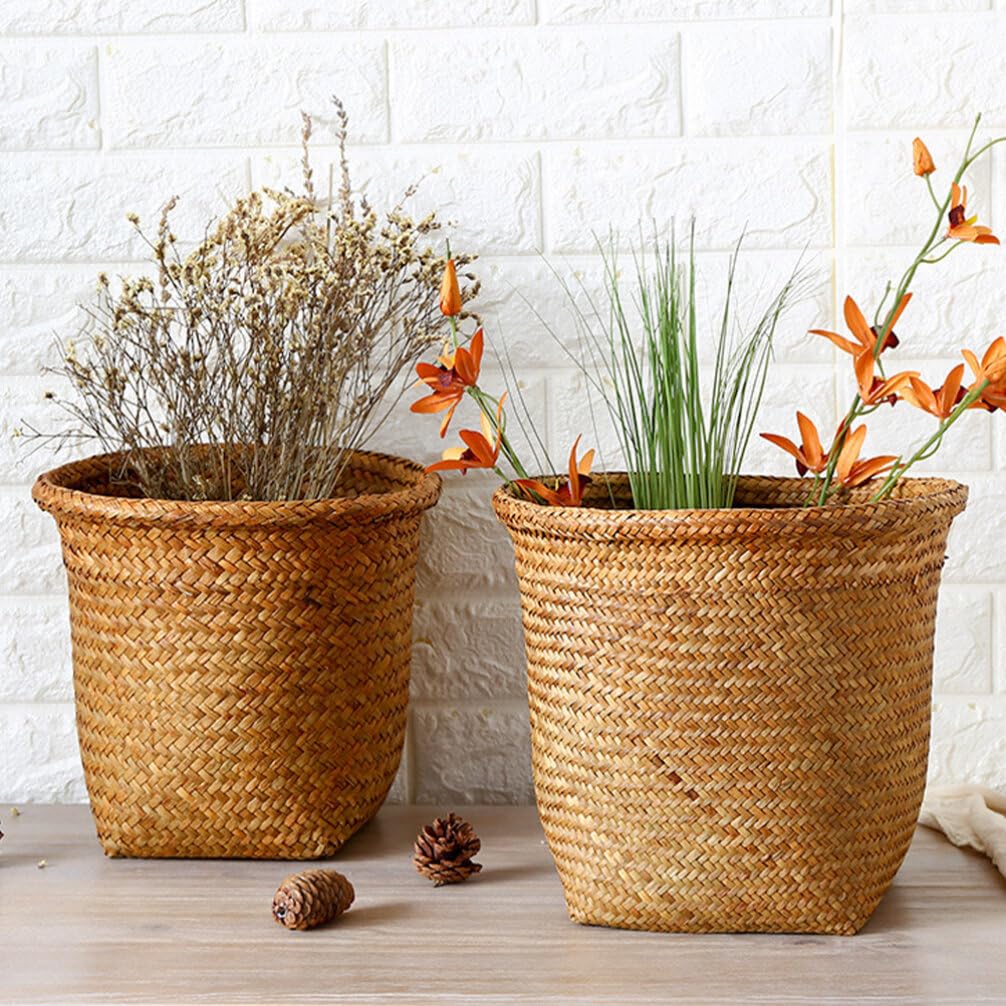 ABOOFAN Wicker Waste Basket Straw Woven Trash Can Rustic Garbage Container Bin Flower Basket for Bathroom Kitchen Home Office M
