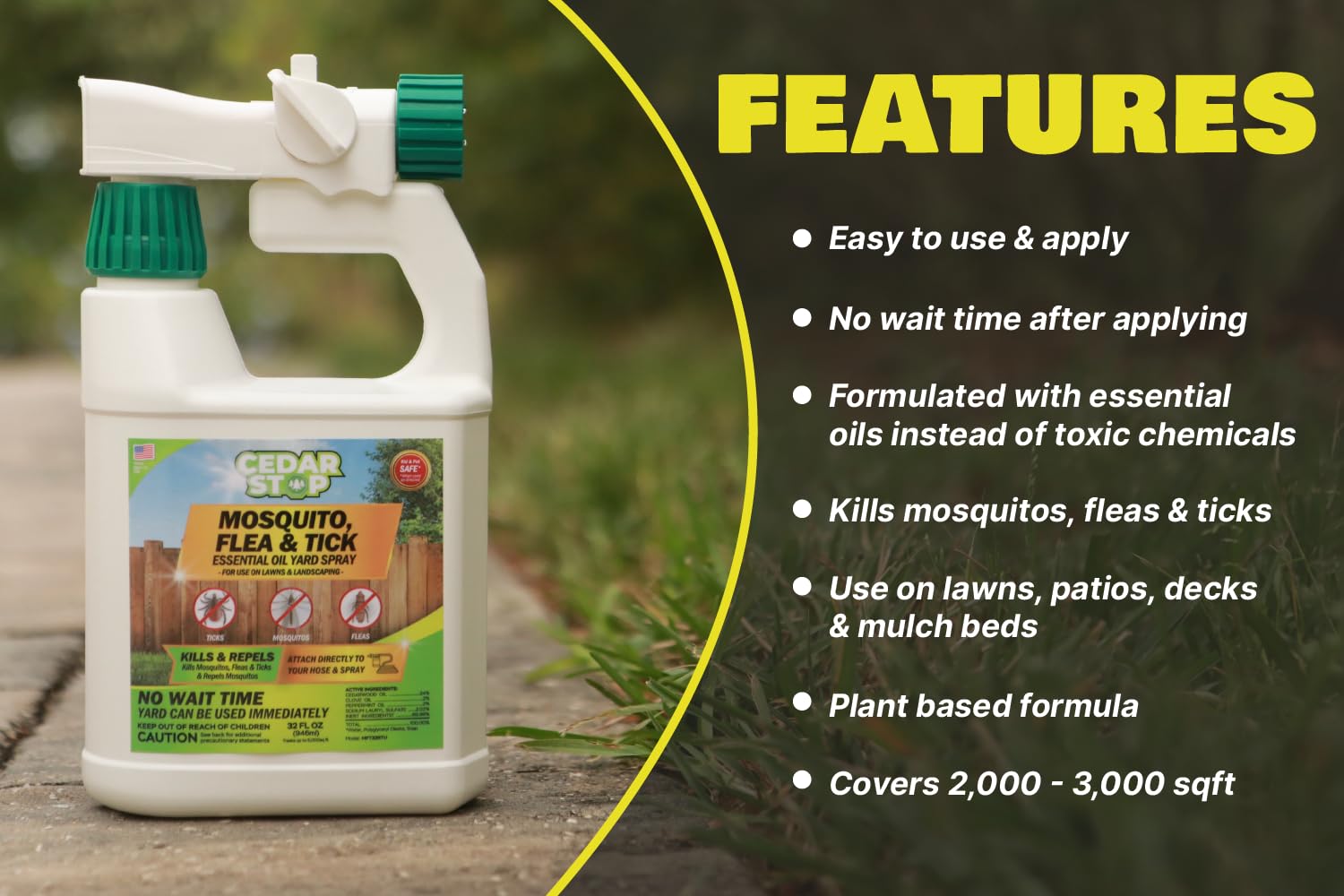CedarStop 32 Ounce Essential Oil Yard Spray - Plant Based Flea, Tick and Mosquito Repellent Pest Control Spray Treatment and Insect Killer - Safe Around Kids, Pets, and Plants