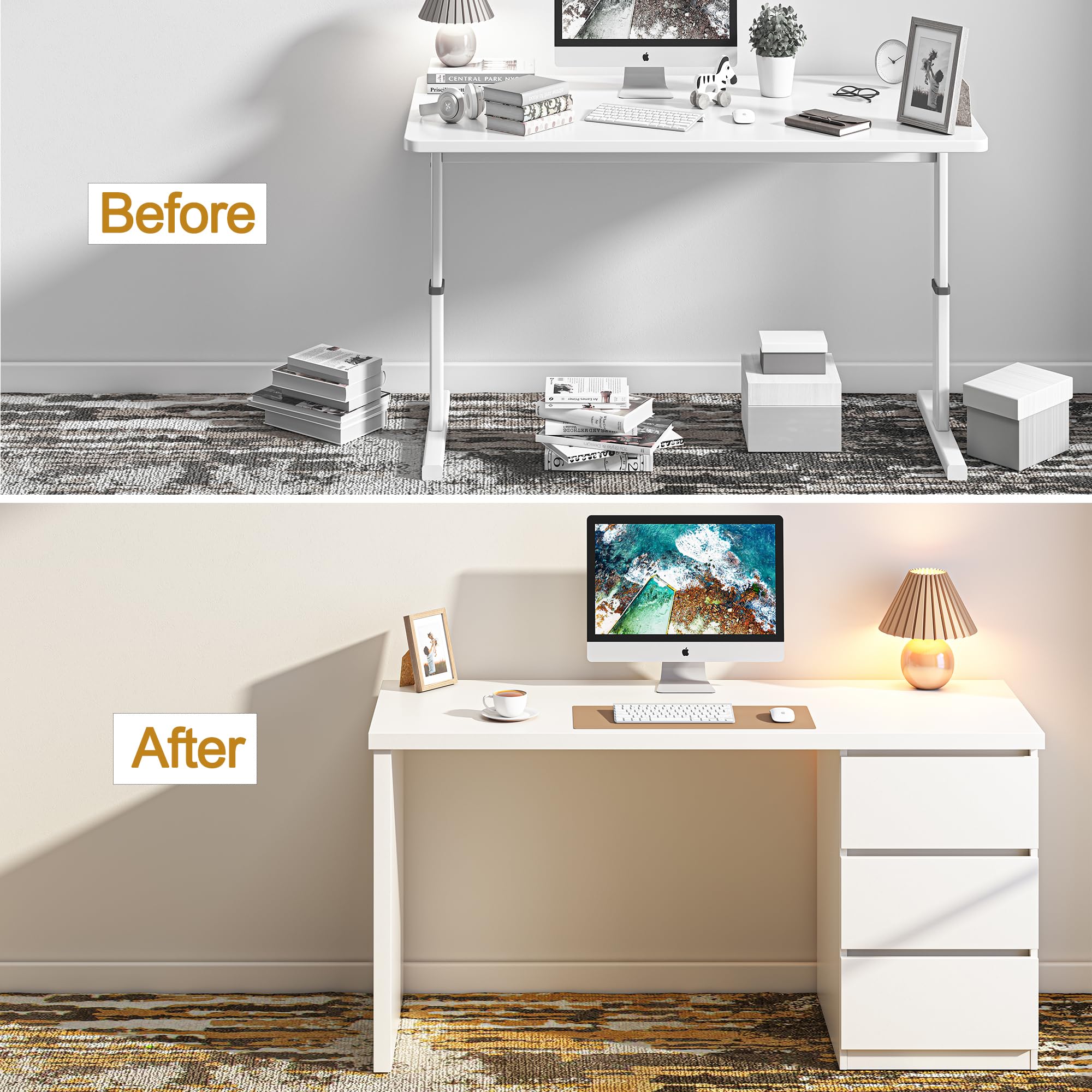 furtble White Desk with Drawers, 53'' W Home Office Computer Desk Gaming Table, Modern Vanity Desk with Storage, Wood Writing Workstation for Bedroom, Living Room