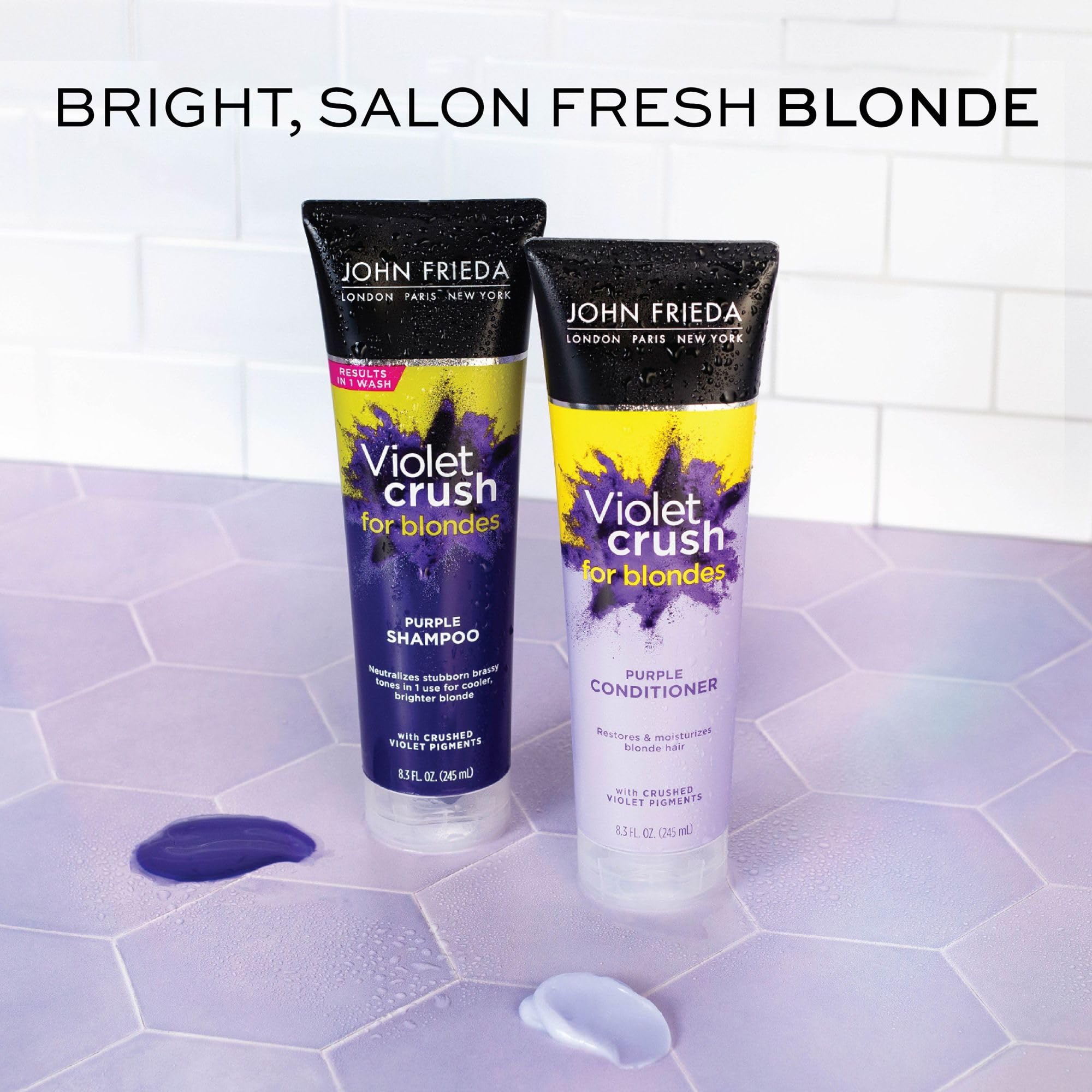 John Frieda 8.3 Ounce Shampoo for Blonde Hair, Violet Crush Purple Shampoo, Neutralizes Brassy Yellow Tones, Blonde Toner for Bleached, Platinum