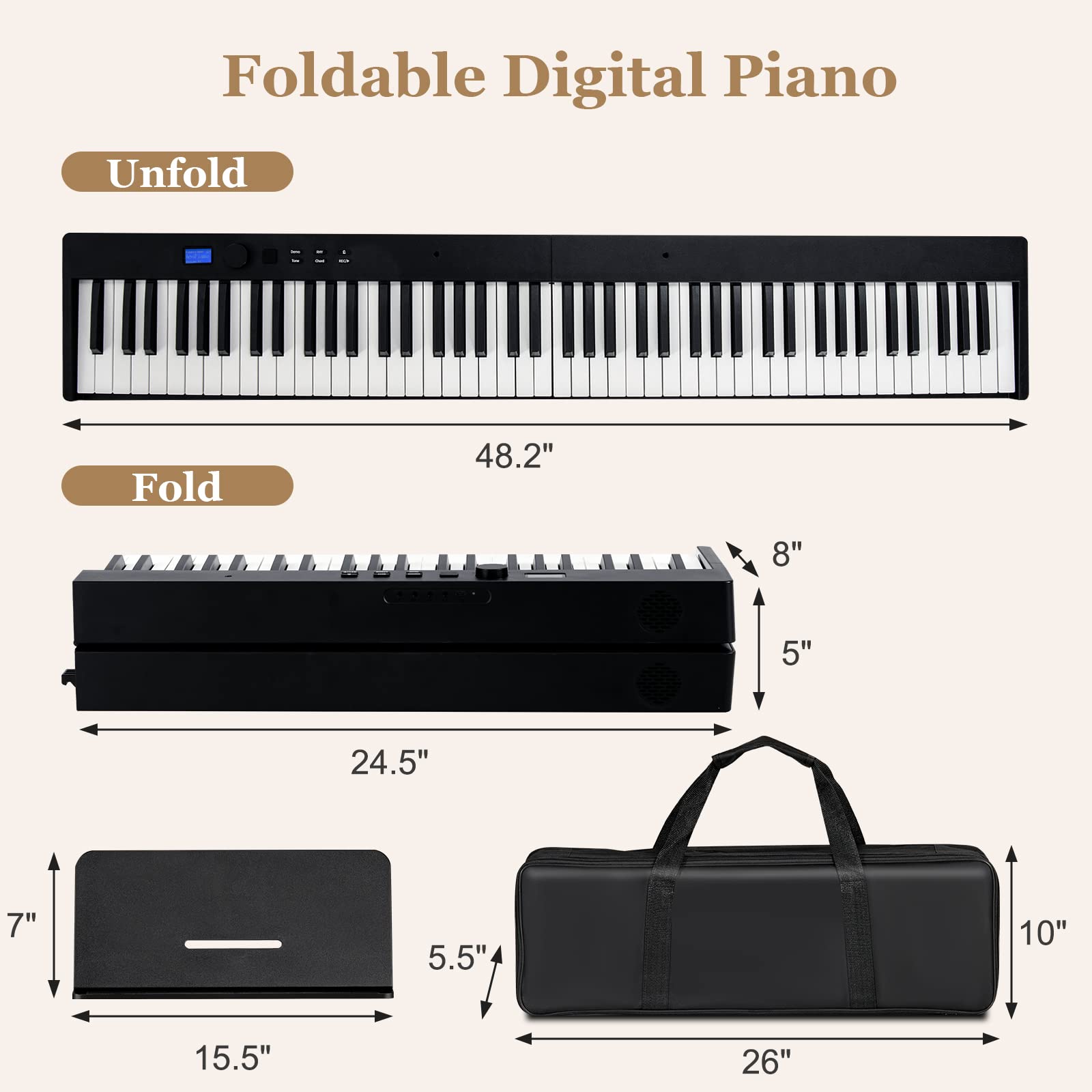 Costzon 88-Key Foldable Digital Piano Keyboard, Full Size Semi-Weighted Keyboard, Portable Electric Piano w/MIDI, Split Function, Sustain Pedal & Carrying Bag for Beginner (Black)