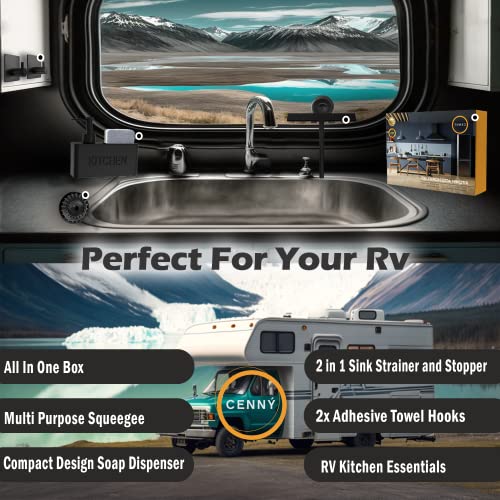 All in One New 2023 Cenný Kitchen Accessories Gift Set for Home and RV Essentials Countertop Dish Soap Dispenser with Sponge Holder Silicone Squeegee Sink Strainer & Stopper Towel Hooks Black