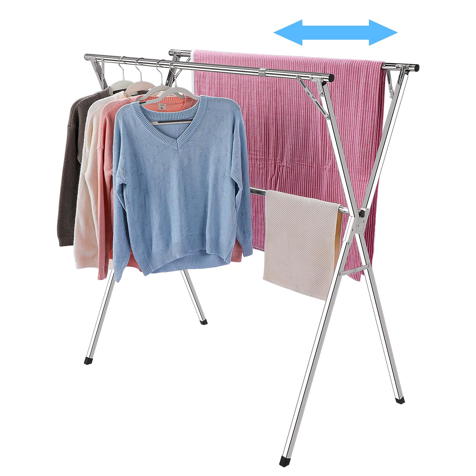 funest Clothes Drying Rack, 79 Inches Adjustable & Foldable Laundry Drying Rack, Heavy Duty Stainless Steel Drying Rack Clothing with 20 Hooks, 12 Clips, Suitable for Indoor, Outdoor and Balcony