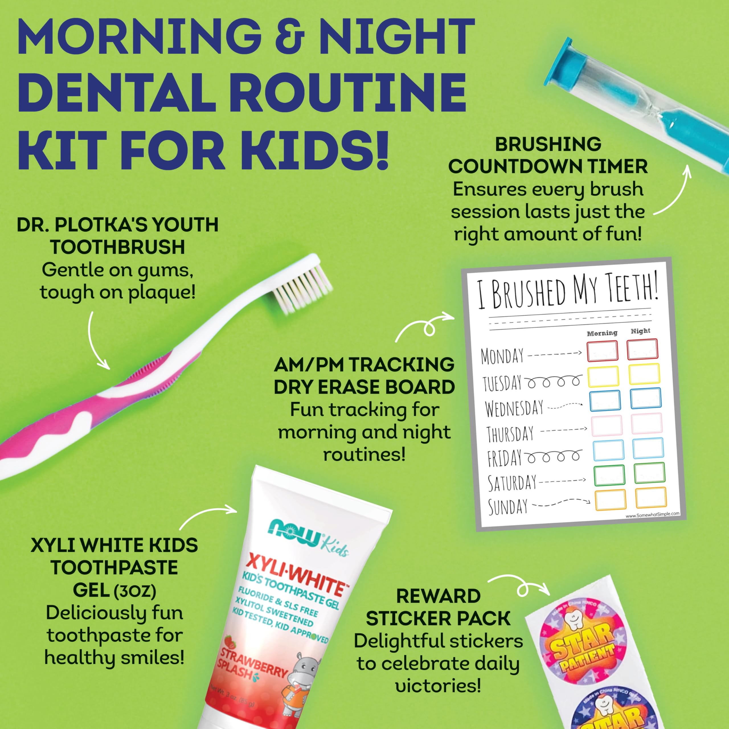 MOUTHWATCHERS Kids Toothbrushing Kit: Toothbrush for Kids, 3oz Kids Strawberry Fluoride Free Toothpaste, Dry Erase Checkboard, Timer, Stickers, Manual Flossing Toothbrushes Gift Set,by Dr. Plotka's