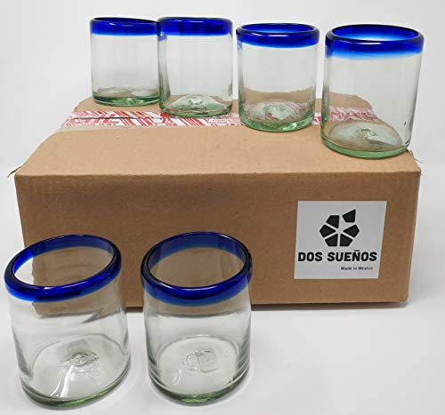 Hand Blown Mexican Drinking Glasses - Set of 6 Tumbler Glasses with Cobalt Blue Rims (10 oz each)