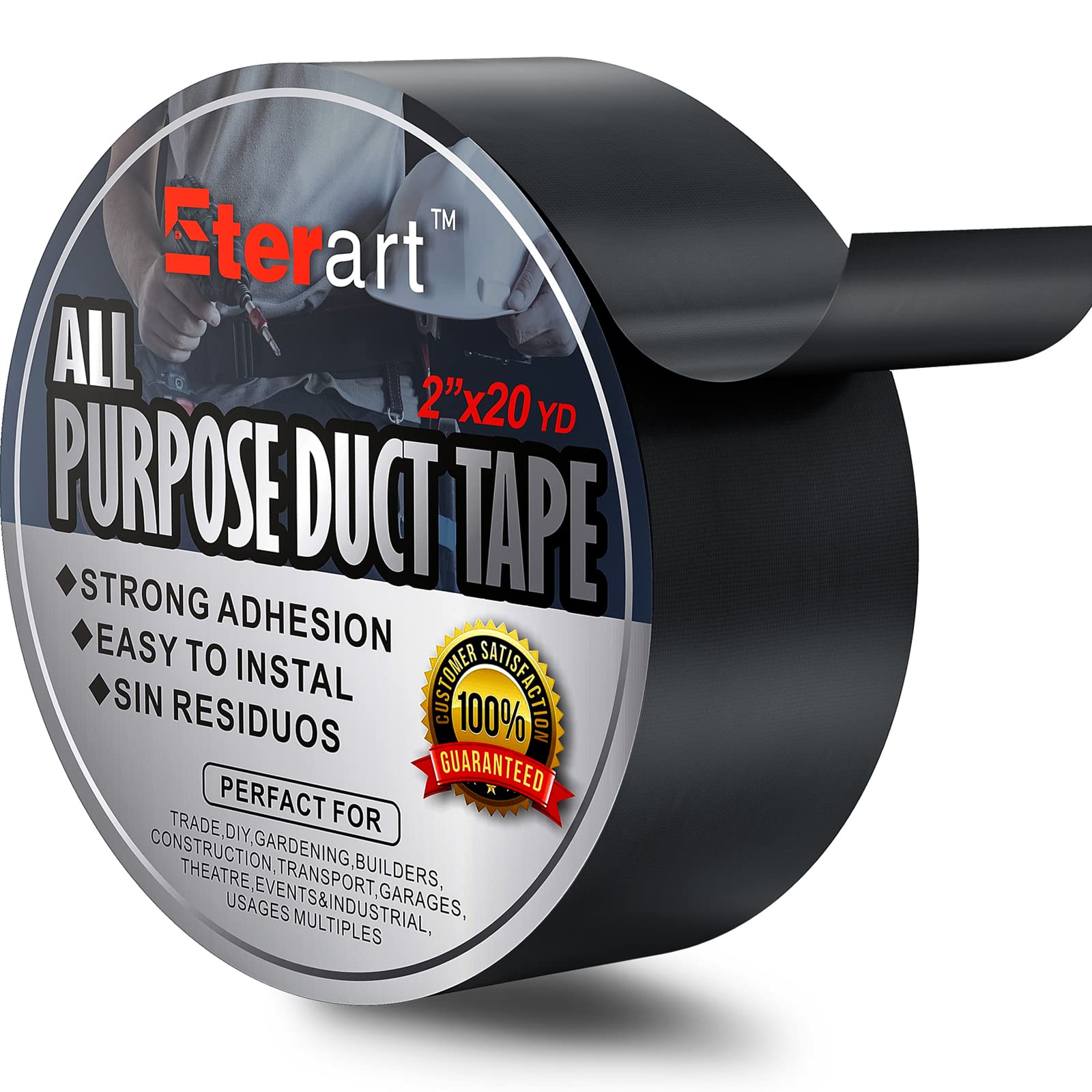 ETERART Duct Tape Haevy Duty Strong Industrial Max Strength Tape, No Residue and Tear by Hand, Multi-Purpose, Indoor & Outdoor Use, 2 Inch x 20 Yards (Black)