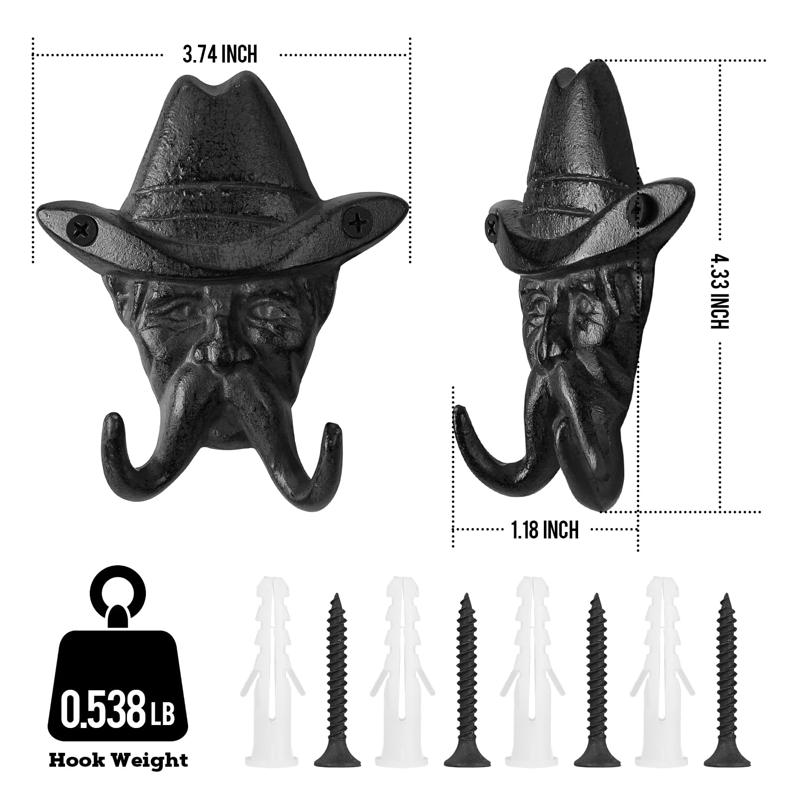 Womeet Rustic Cowboy Coat Key Hanger, Decorative Wall Mounted Coat Hooks, Cast Iron Hooks Coat Towel Bag Hat Hanger Multiuse Entryway Black Set of 2