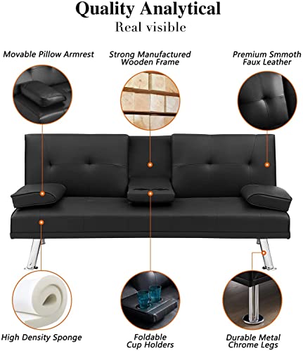 Anwick Modern Leather Futon Sofa Bed,Convertible Folding Couch Recliner Sleeper Loveseat for Small Space,Apartment,Office,Dorm,with Cup Holders and Removable Armrest Black (Black)