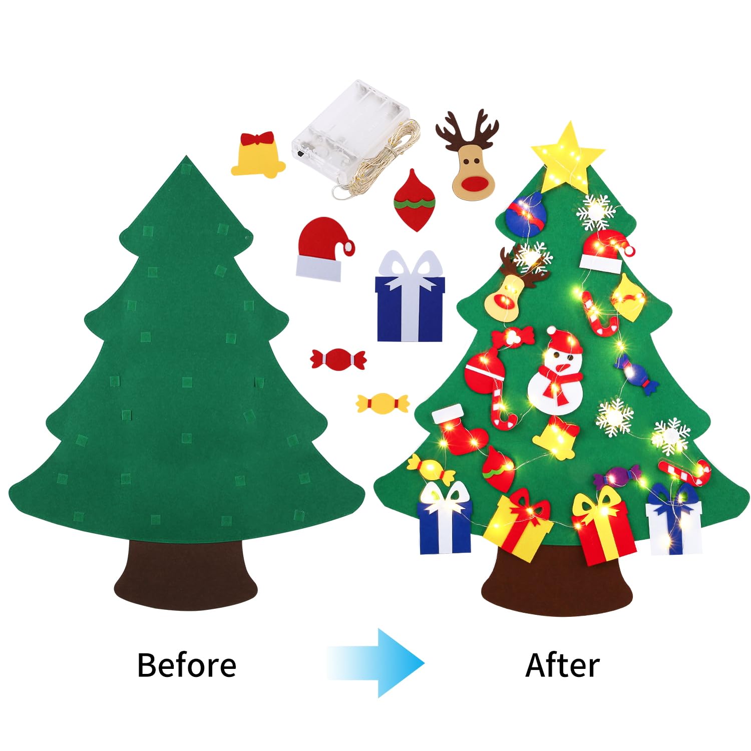 3FT DIY Felt Christmas Tree for Kids with 31pcs Detachable Ornaments,Wall Hanging Xmas Gifts Christmas Decorations with String Light (Batteries Not Included)
