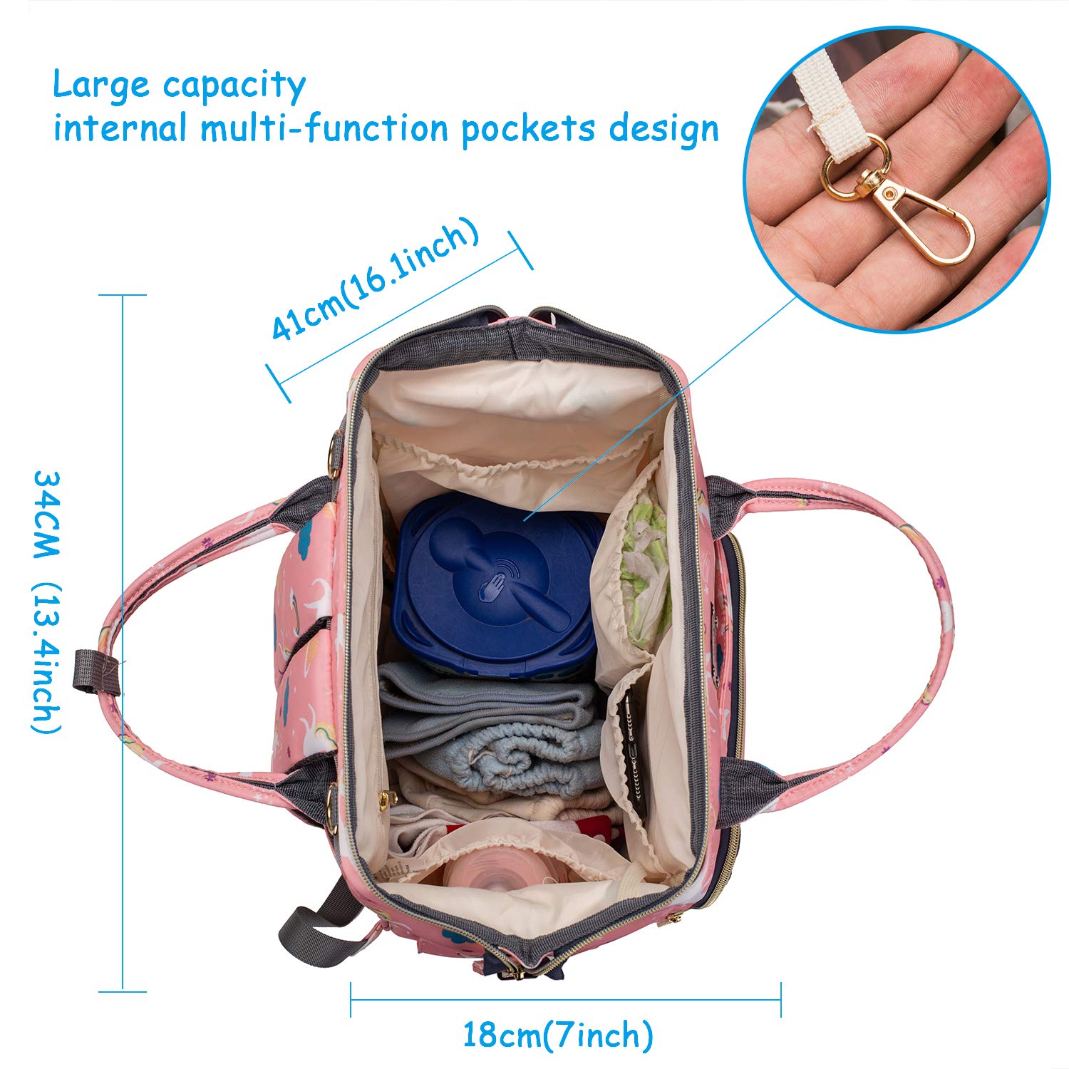 LEQUEEN Diaper Bag Backpack, Unicorn Multifunction Travel Back Pack Maternity Baby Changing Bags (Pink)