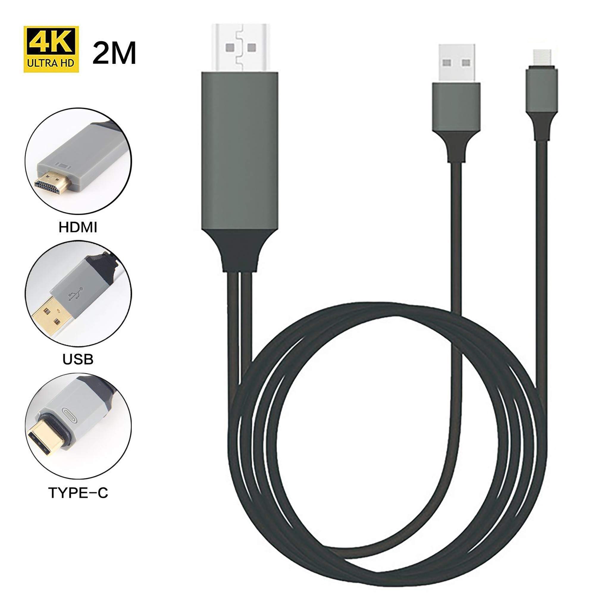 Powered USB-C 4k HDMI Cable Compatible with Samsung SM-A716V Plus USB Charging at Max 2160p@60Hz, 6Ft/2M Cable [Gray, Thunderbolt 3]