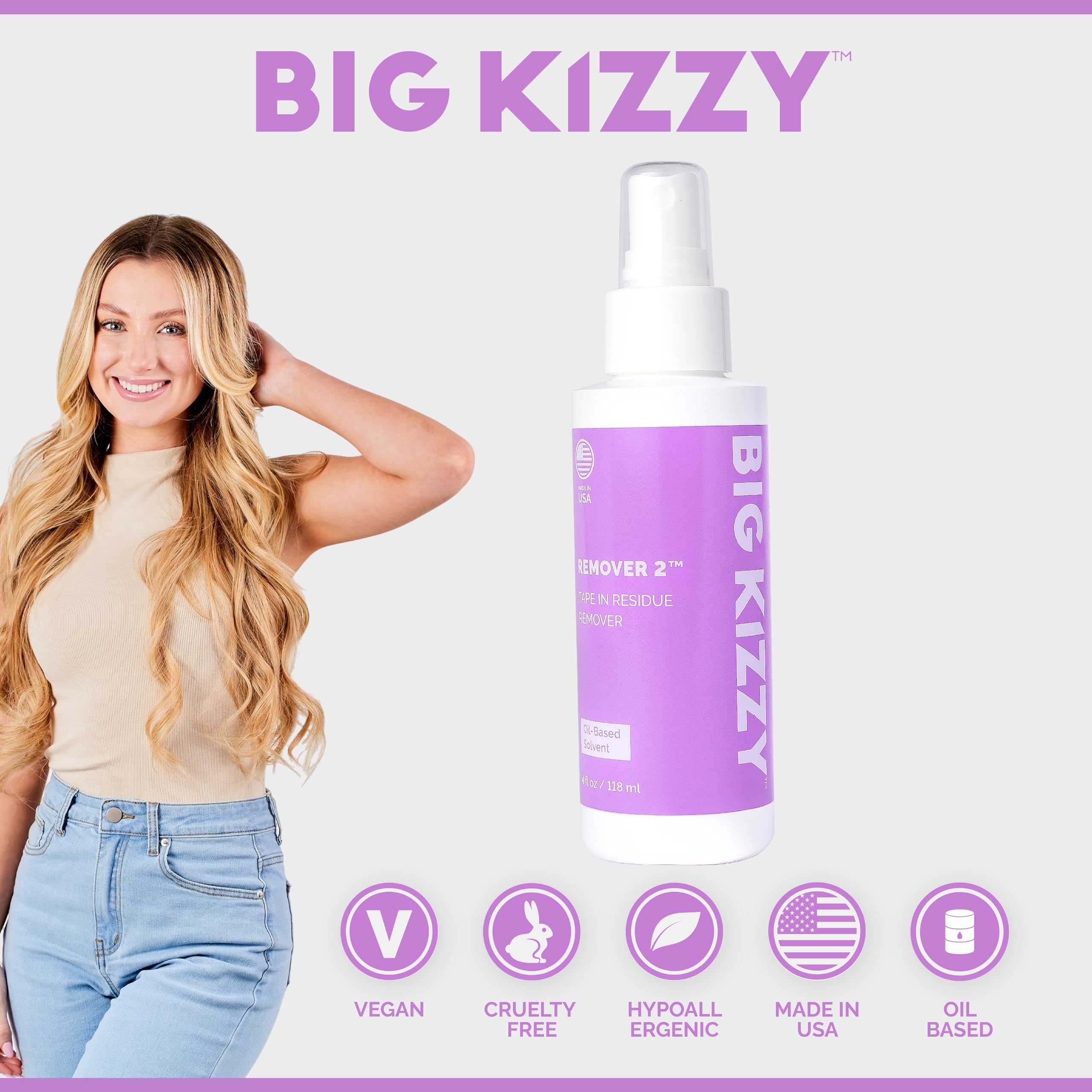 Big Kizzy Tape in Extension Remover (8oz) & Tape Ins Residue Remover (4oz), Big Kizzy Remover 1 + Remover 2 - Fastest Two Step System to Remove Tape in Extensions and Tape Ins Residue