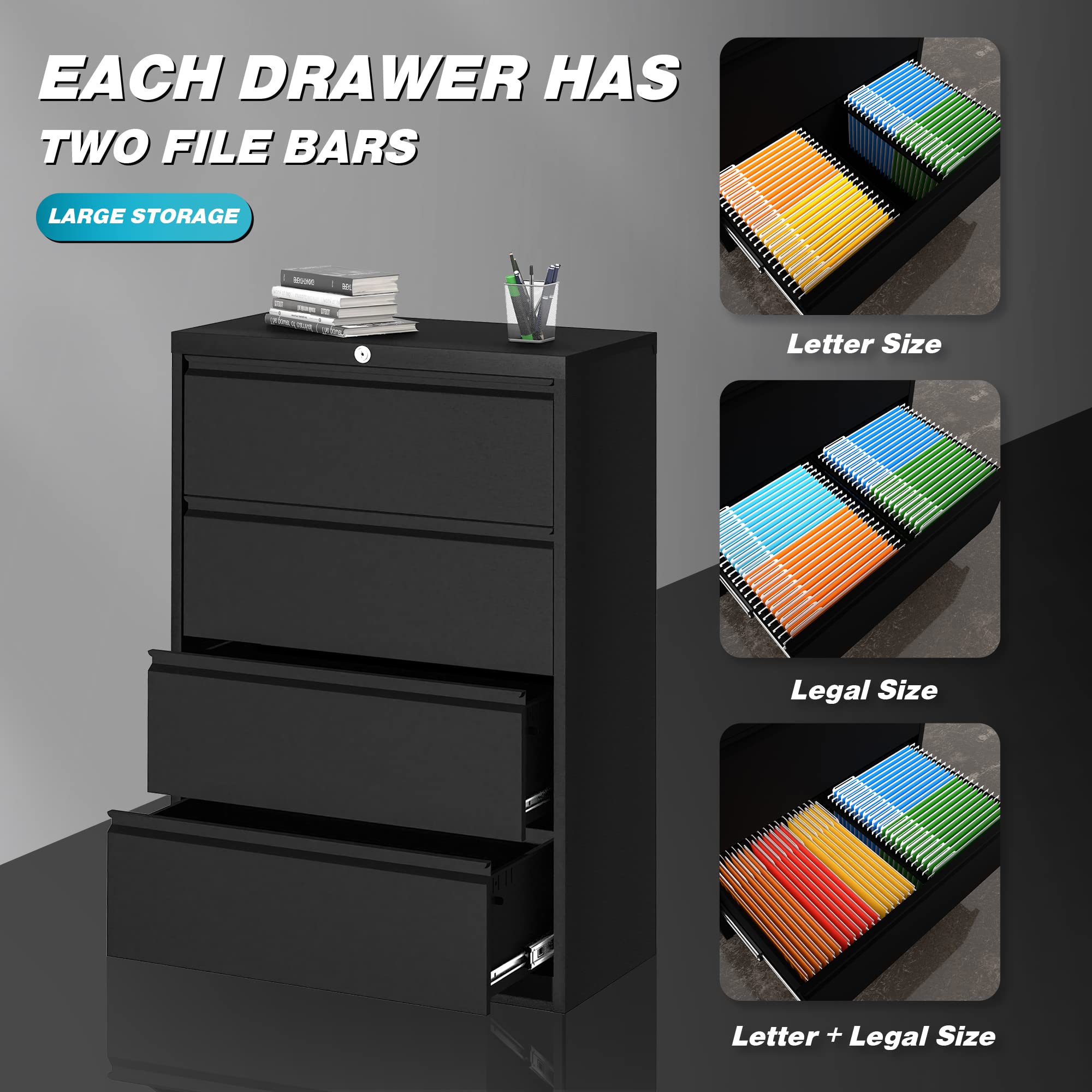 Aobabo Metal Lateral File Cabinet with Lock,Large Deep Drawer with Adjustable File Bars for Office,Home,35.43 Inches Wide for Letter/Legal A4 Size Drawer,Assembly Required (Black,4 Drawer)………