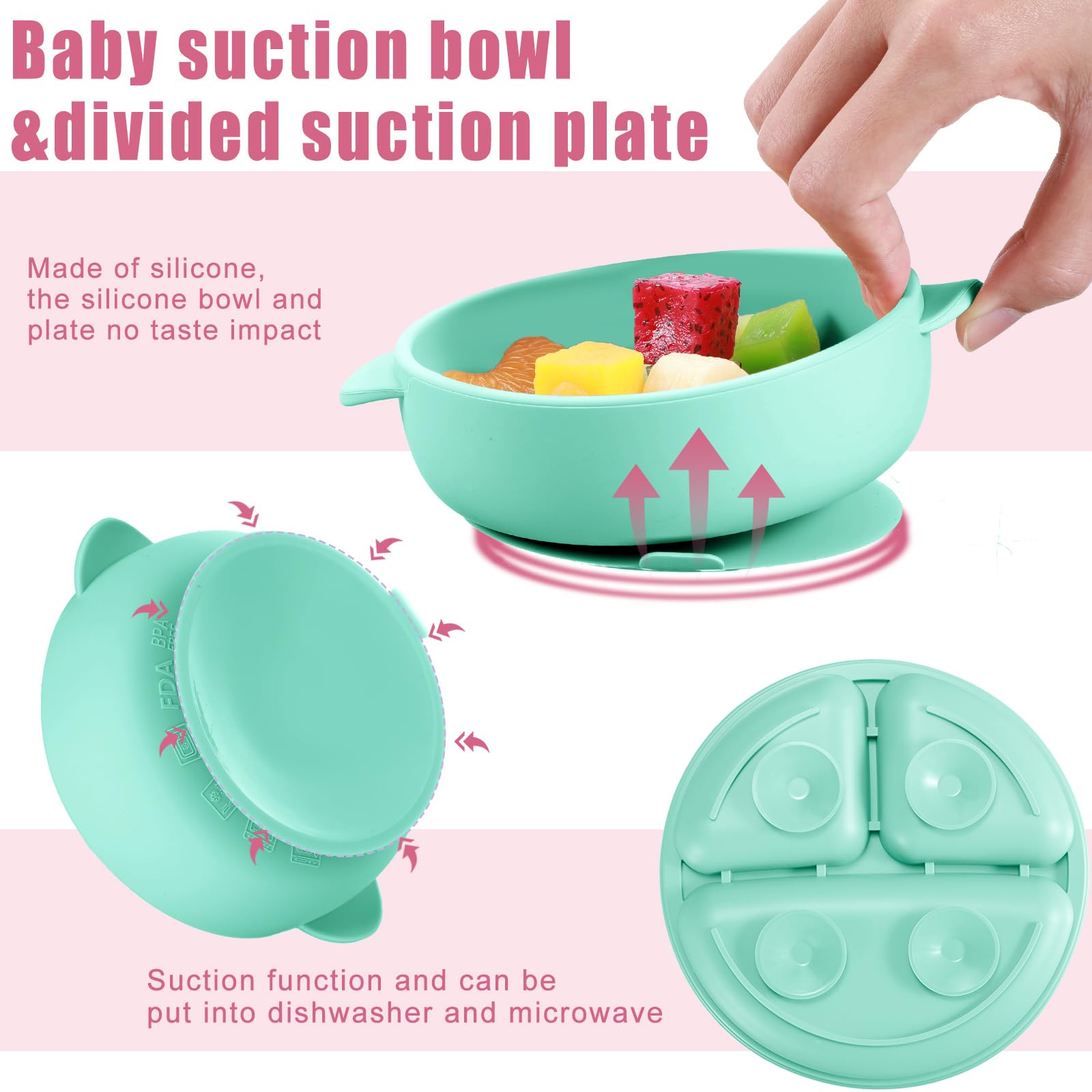 3 Sets Baby Led Weaning Supplies, Silicone Baby Feeding Set with Divided Plate Adjustable Bib Suction Bowl with Lid Snack Cup Soft Spoon Fork, Toddler Self Eating Utensil (Purple, Mint, Pink)