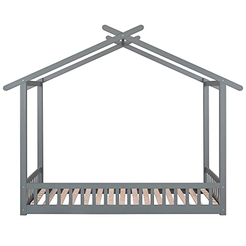 AOCOROE House Bed Frame Twin/King Bed Frame for Boys and Girls, Wood Extending Twin to King Extendable Playhouse-Design Montessori Floor Bed Platform Bed Frame with Trundle