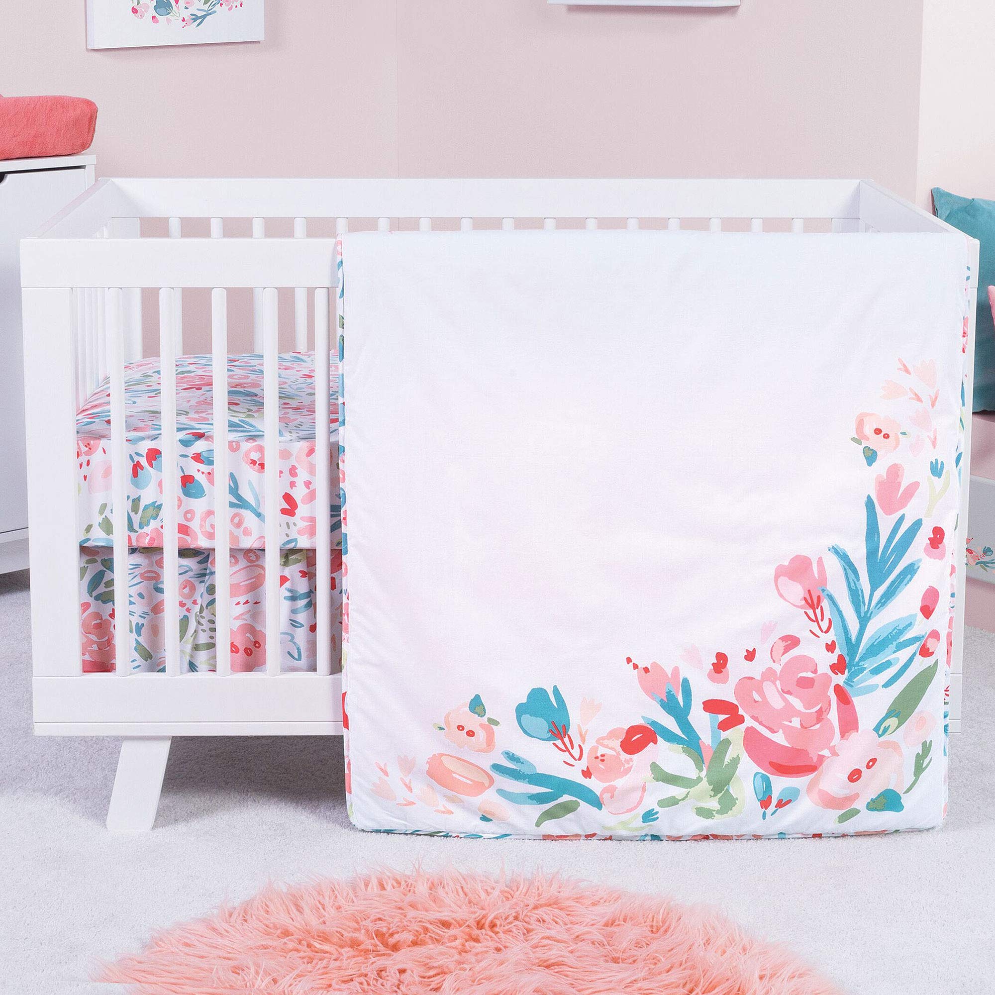 Trend Lab Painterly Floral 3 Piece Crib Bedding Set, Offers A Great Photo Oportunity, Includes Quilt, Fitted Crib Sheet and Skirt