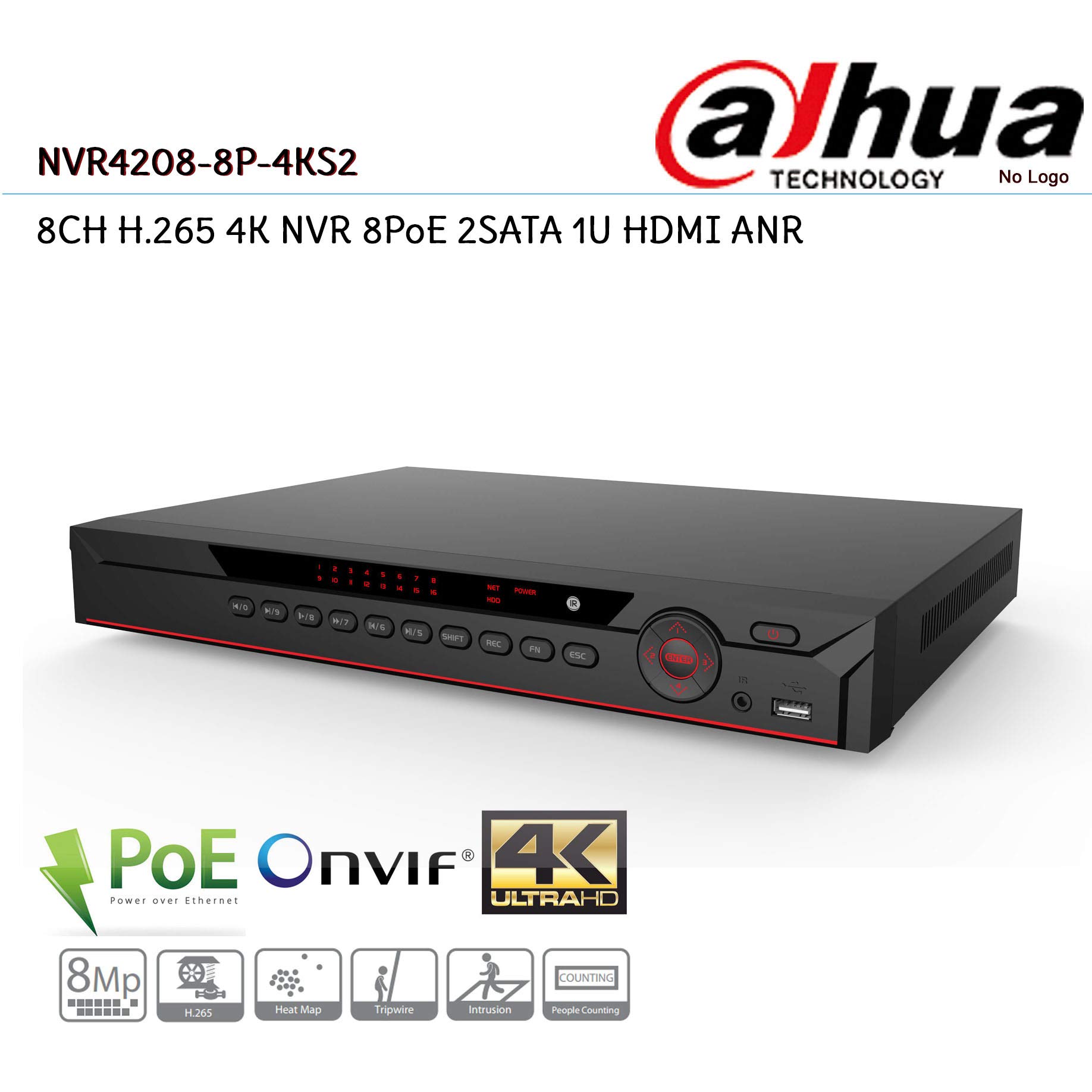 DahuaOEM NVR4208-8P-4KS2 8CH 1U 8PoE 4K & H.265 Lite Network Video Recorder